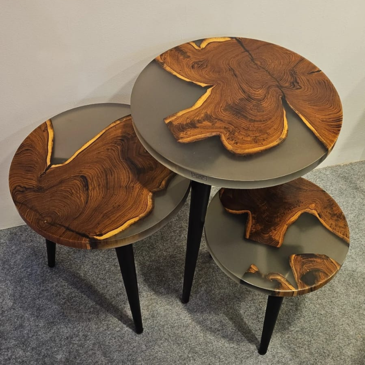 | Nesting Table Set of 3 – Teak Wood with Tinted Grey Resin Finish-Gloss
