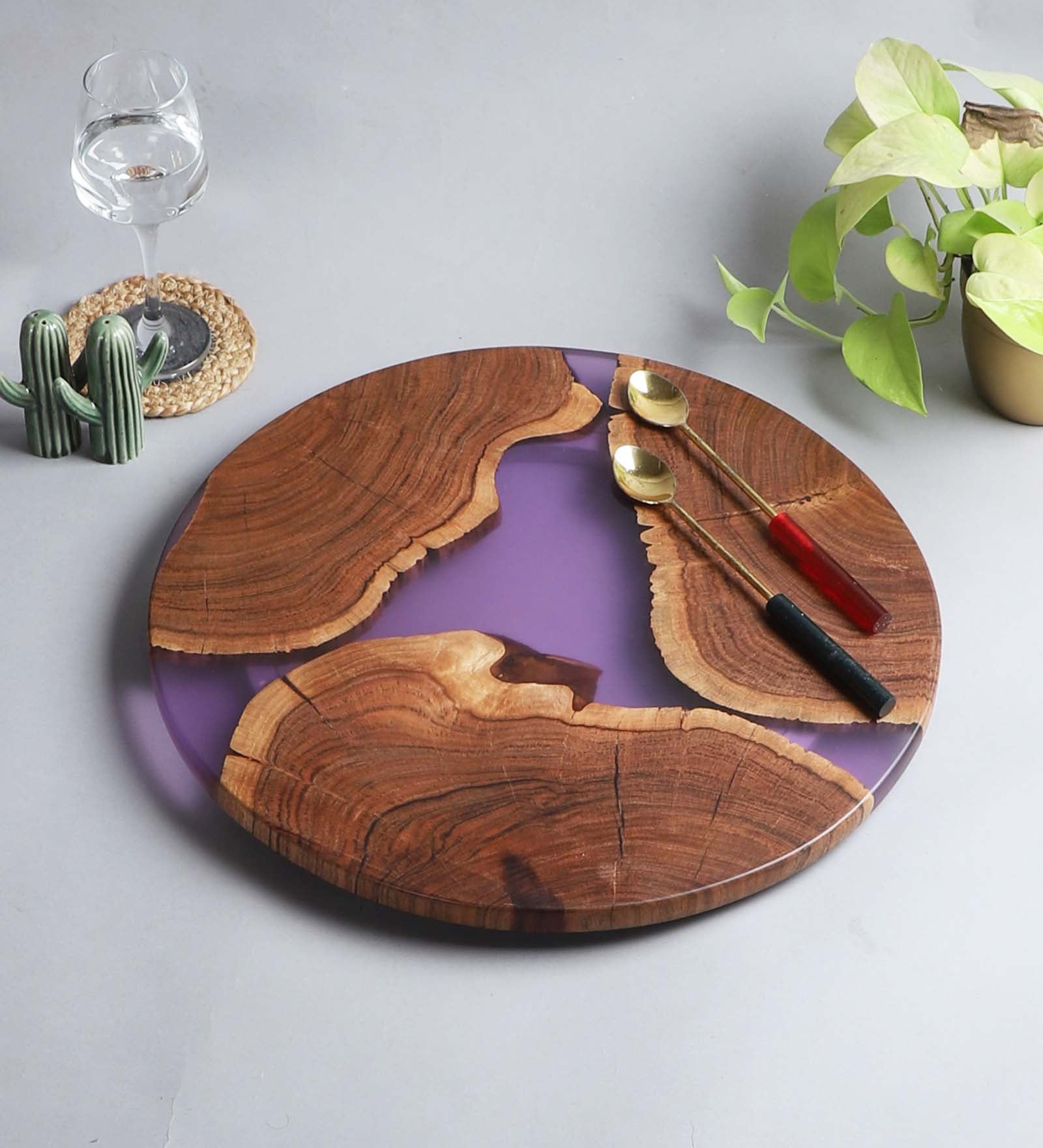 | Round Wooden & Resin Platter - Purple Inlay