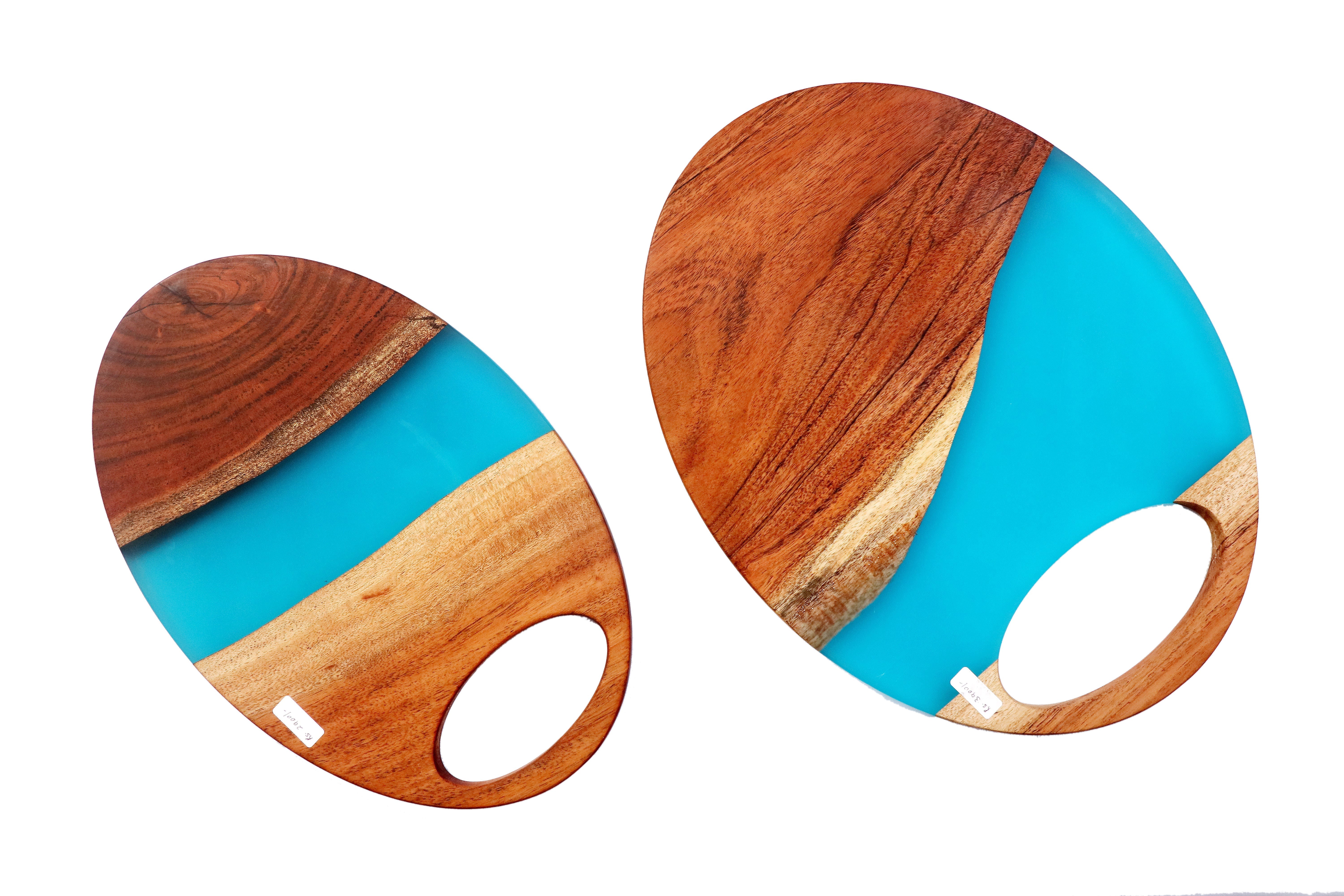 | Aqua Epoxy & Natural Wood Designer Platters – Set of 2