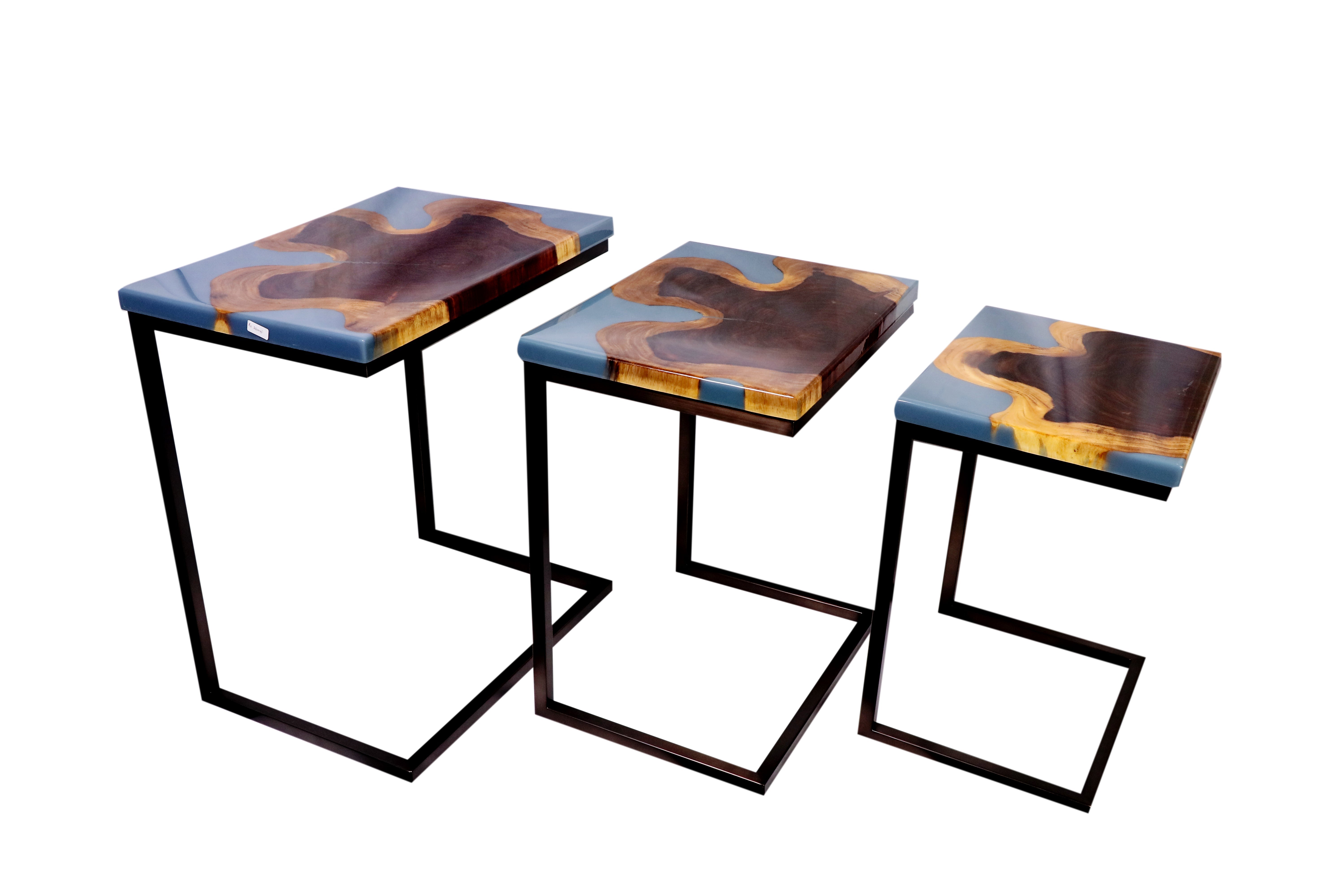 | Live-Edge Blue Resin C-Table – Set of 3 (Handcrafted)