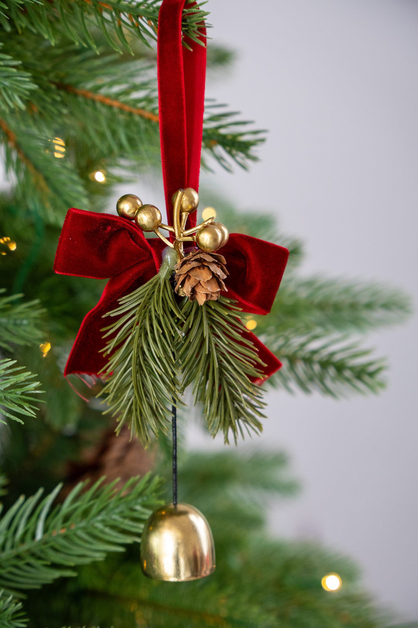 Christmas Decor | Red Velvet Bow Ornament with Pinecone & Gold Bell set ...