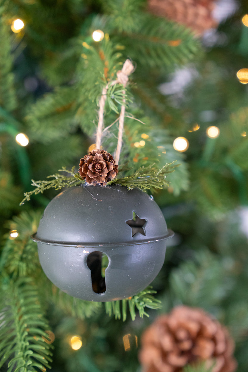 Christmas Decor | Matte Green Jingle Bell Ornament with Pinecone set of 2